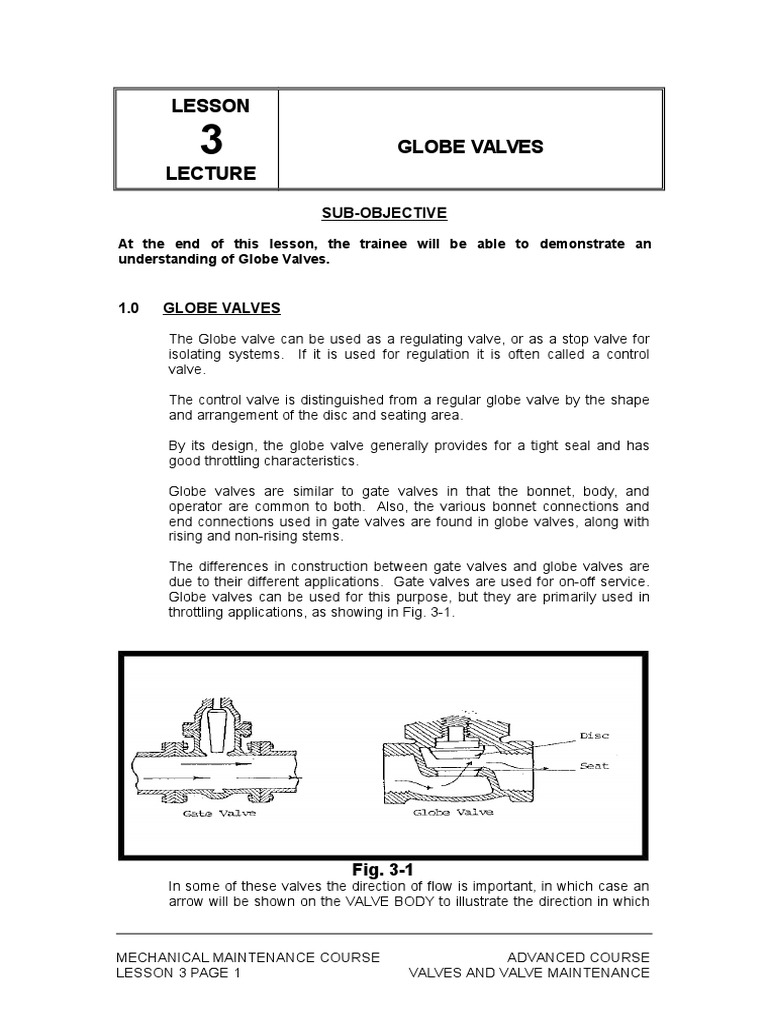 Lesson Globe Valves: Sub-Objective | PDF | Valve | Mechanical Engineering