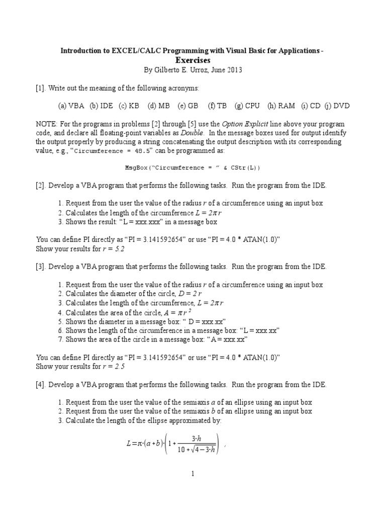 01 ExercisesIntroVBAProgrammingCALC EXCEL | PDF | Visual Basic For ...