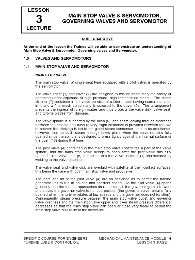 Lesson Main Stop Valve & Servomotor, Governing Valves and Servomotor ...