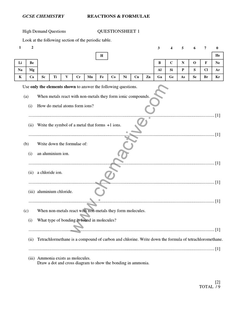 O - LEVEL CHEMISTRY WORKSHEETS - Reactions Questions | PDF | Oxide | Iodine