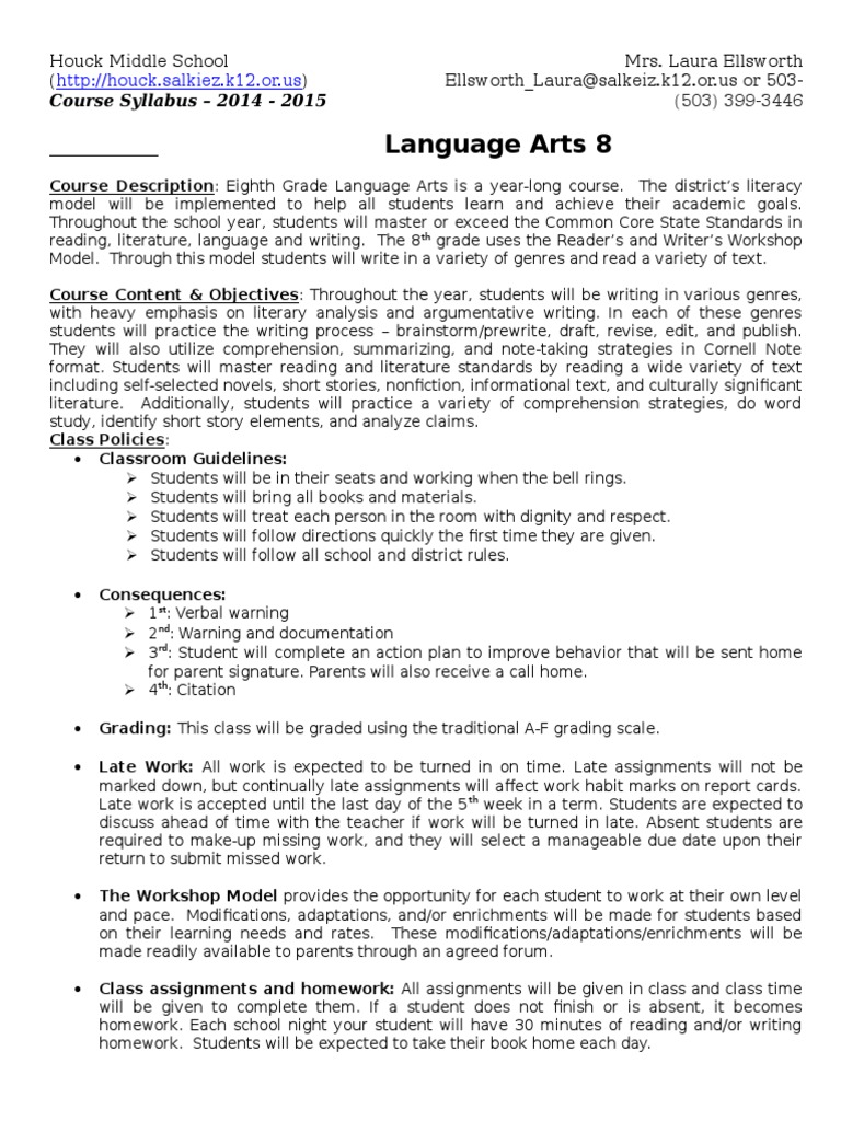 8th Grade Language Arts Syllabus 2014-2015 | PDF | Reading ...