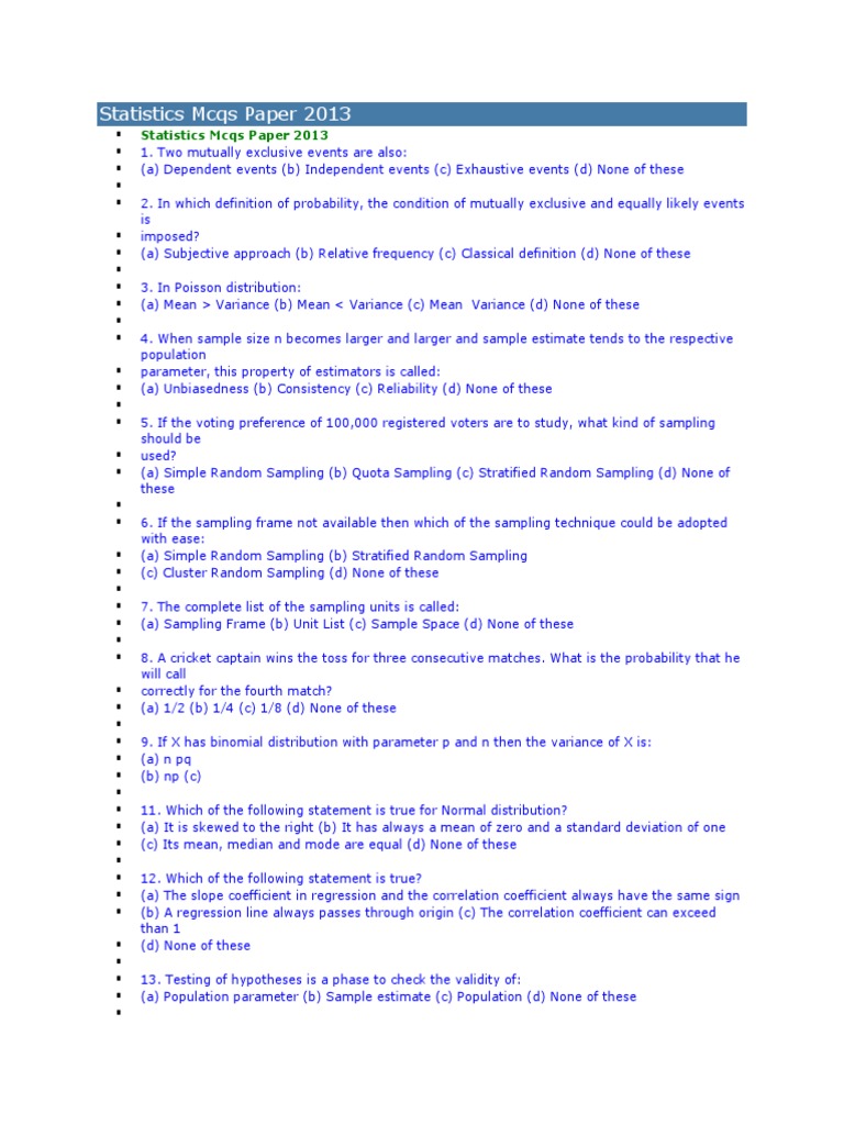 Statistics Mcqs Paper 2013 | PDF | Sampling (Statistics) | Scientific ... Statistics Mcqs Paper 2013 | PDF | Sampling (Statistics) | Scientific ...
