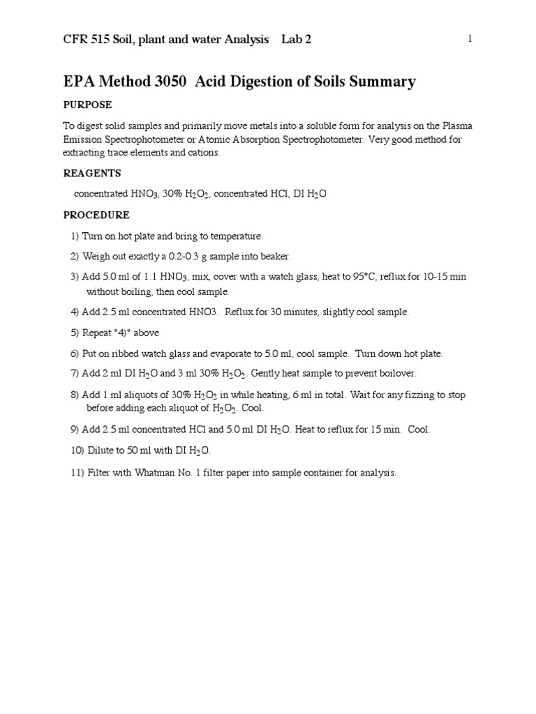 EPA Method 3050 Acid Digestion of Soils Summary: CFR 515 Soil, Plant ...