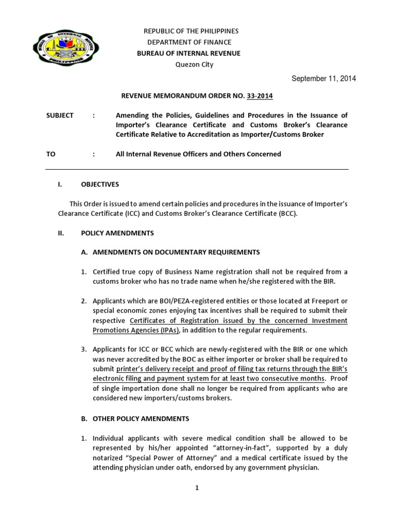 BIR order amending rules for importer and customs broker accreditation ...