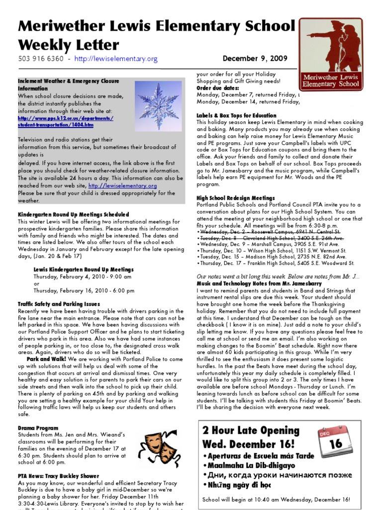 Meriwether Lewis Elementary School Weekly Letter | PDF