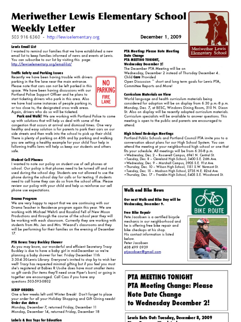 Meriwether Lewis Elementary School Weekly Letter | PDF