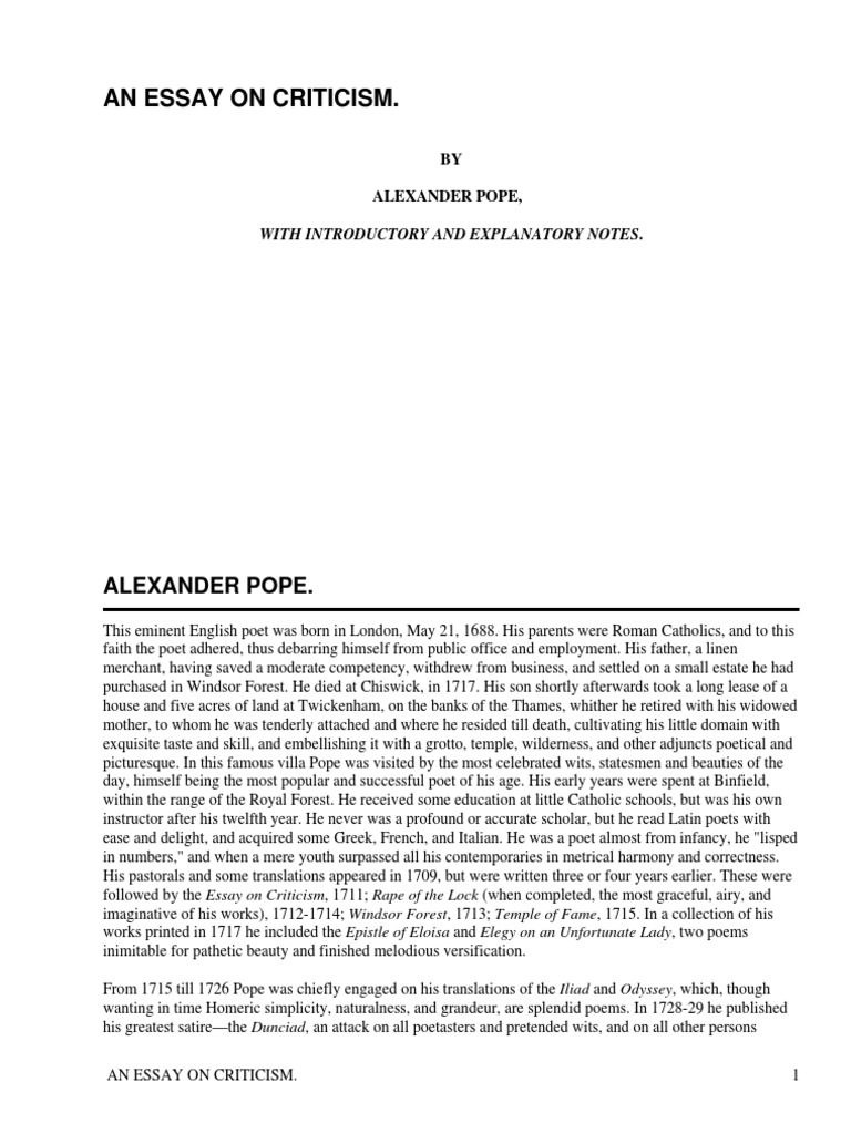 An Essay on Criticism by Pope, Alexander, 1688-1744 | Alexander Pope ...