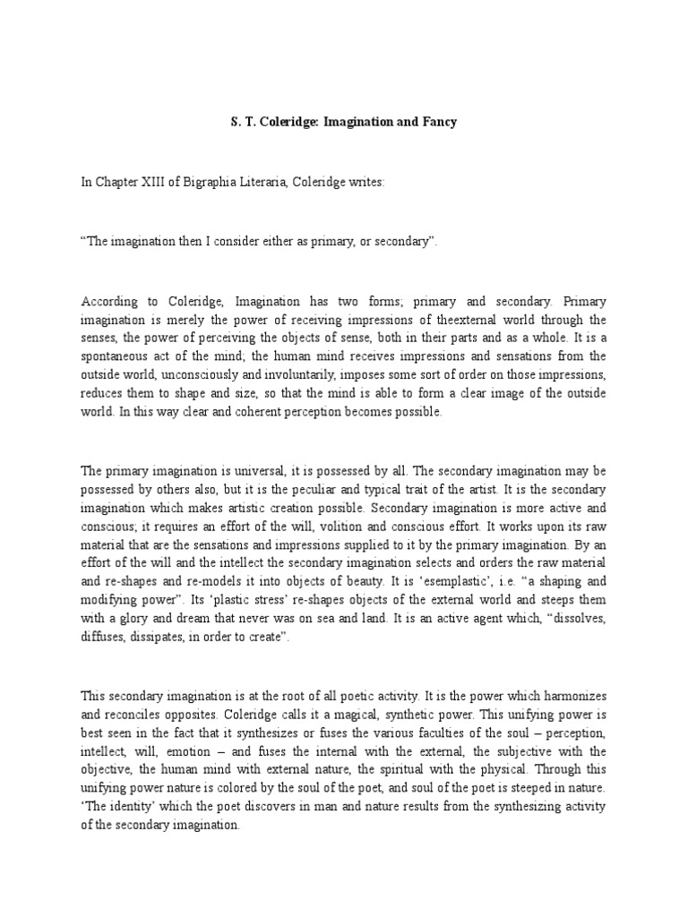Note On Fancy and Imagination | Download Free PDF | Samuel Taylor ...
