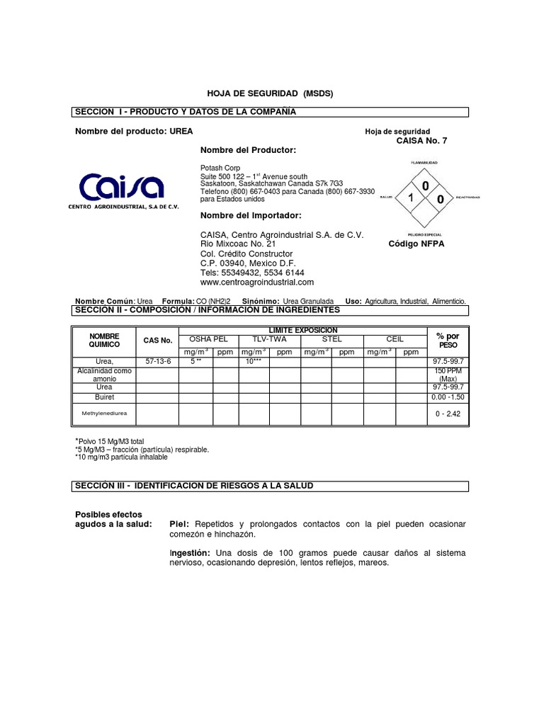 Ficha Tecnica Urea | PDF | Química | Productos quimicos