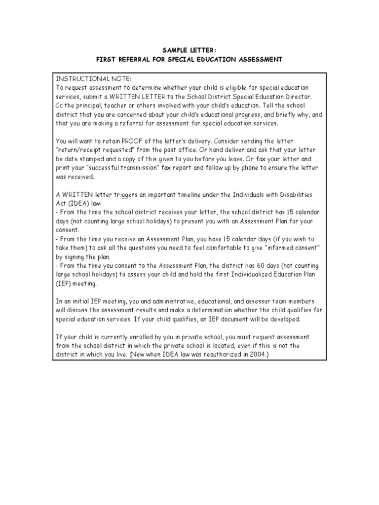 Special Education Assessment Request Letter | PDF | Intellectual ...