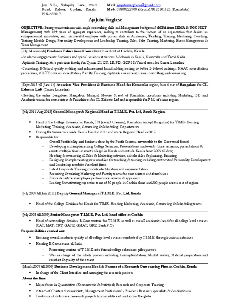 Aju John Varghese CV | PDF | Master Of Business Administration | Marketing