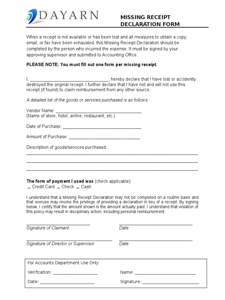 PLEASE NOTE: You Must Fill Out One Form Per Missing Receipt | PDF