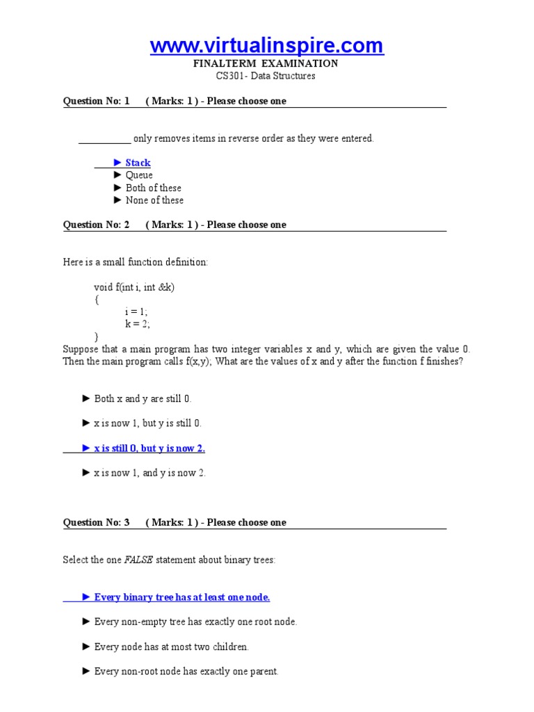 Cs 301 Final Term Solved Paper 1 Pdf Algorithms And Data Structures Computer Programming 