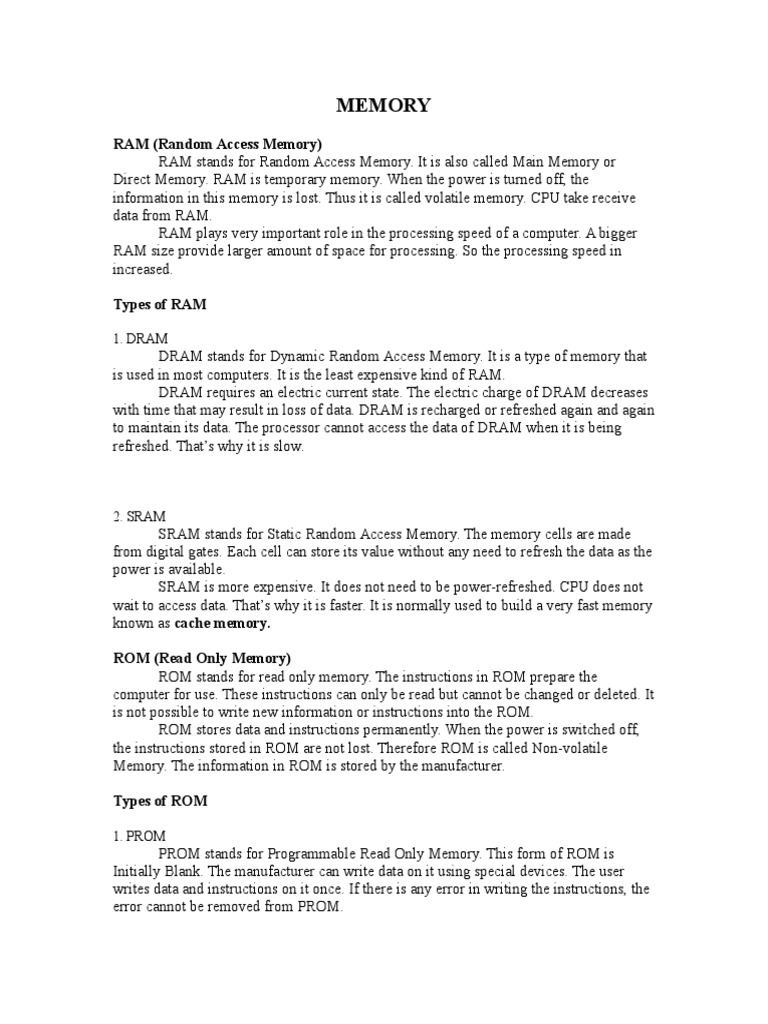 Memory Ram Random Access Memory Pdf Random Access Memory Read Only Memory