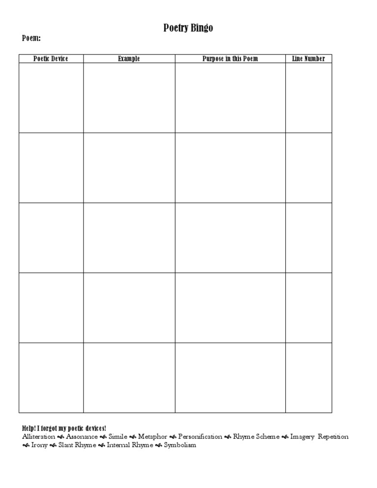 Poetry Bingo: Identify Poetic Devices | PDF