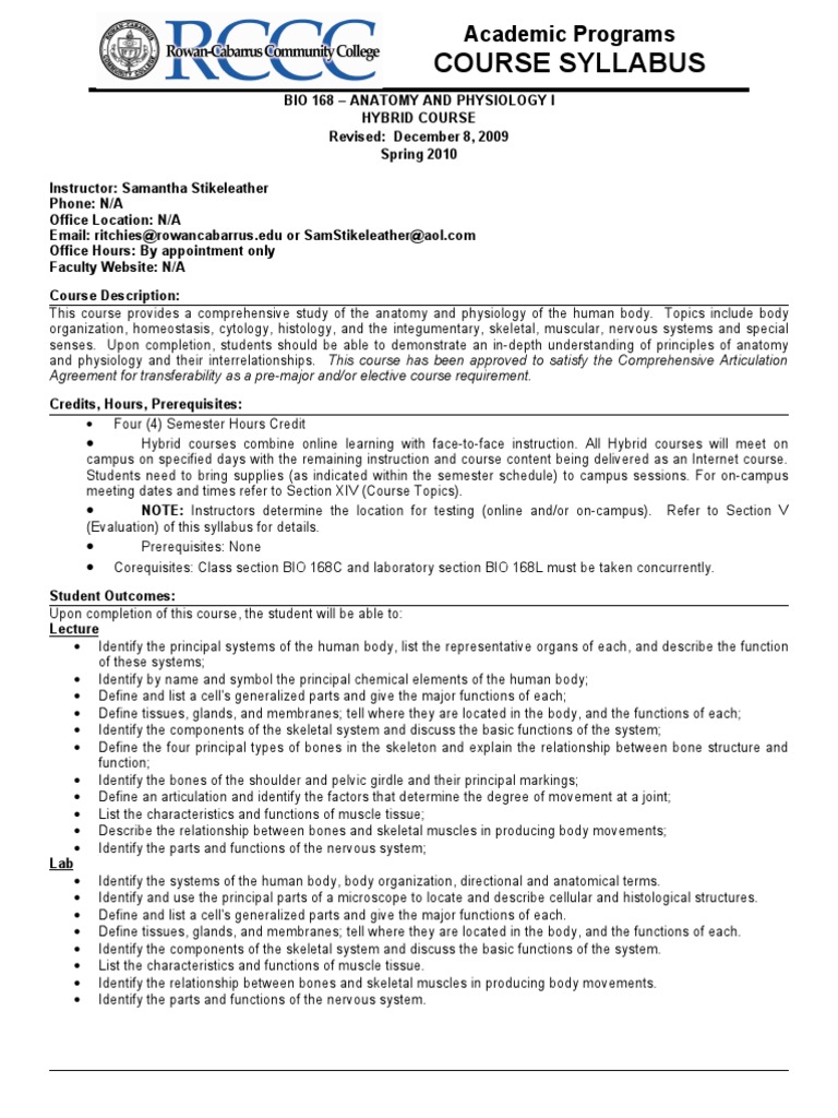 Bio 168 HYB Sp10 Syllabus | PDF | Skeleton | Human Body