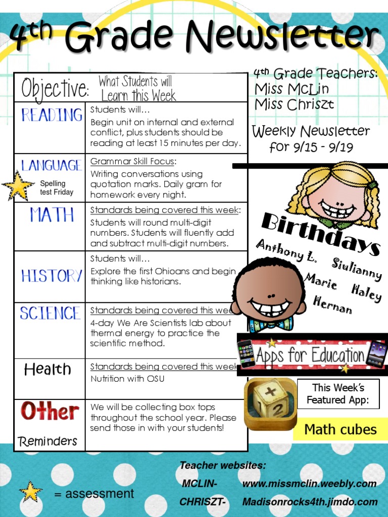 4th Grade Weekly Newsletter: 9/15-9/19 | PDF
