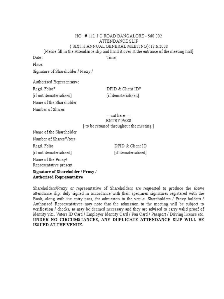 Attendance Slip | Proxy Voting | Power Of Attorney