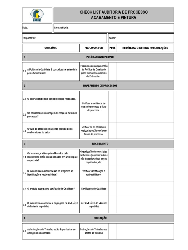 Check List Auditoria de Processo - Pintura | PDF | Qualidade (negócios ...