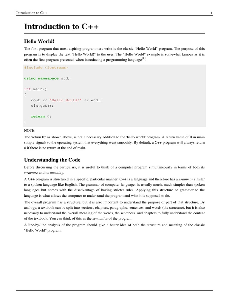 Introduction To C++: Hello World! | PDF | C++ | Compiler