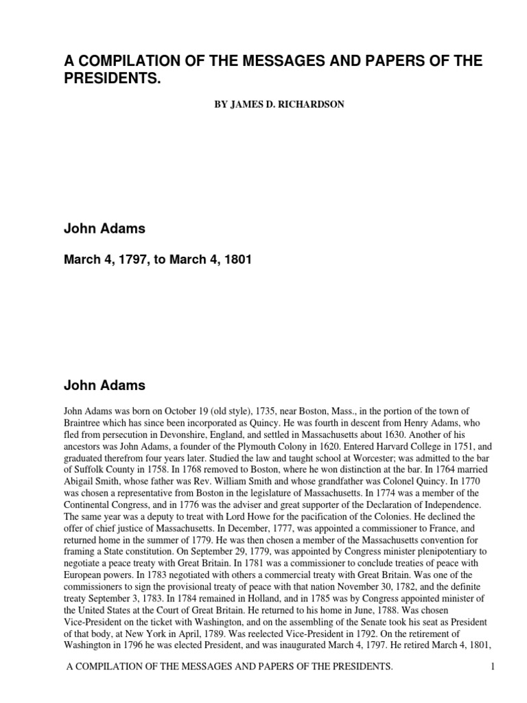 John Adams' Inaugural Address Summary | PDF | John Adams | Presidents ...