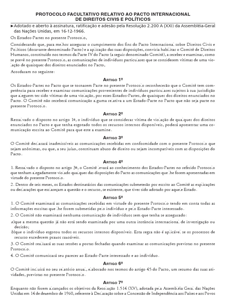 Primeiro Protocolo - PIDCP | PDF | Nações Unidas | Relações Internacionais