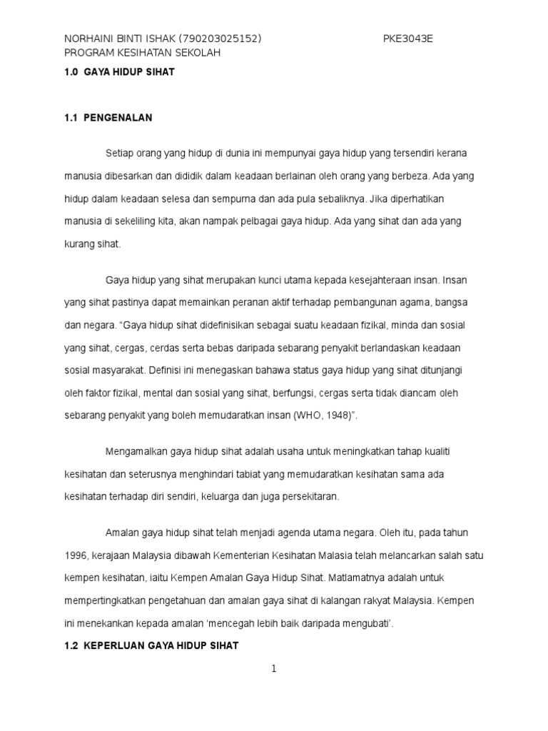 Esei Pendek (Gaya Hidup Sihat) Dan Penulisan Rfleksi | PDF