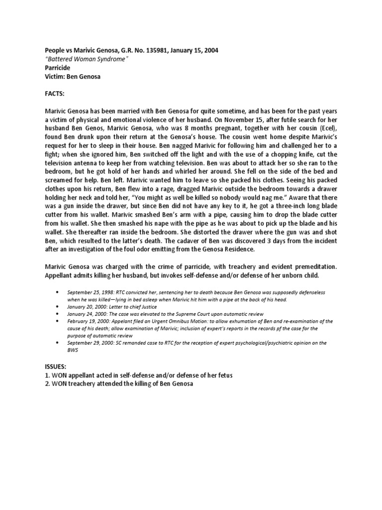 People Vs Marivic Genosa (Digest) | PDF | Domestic Violence | Violence