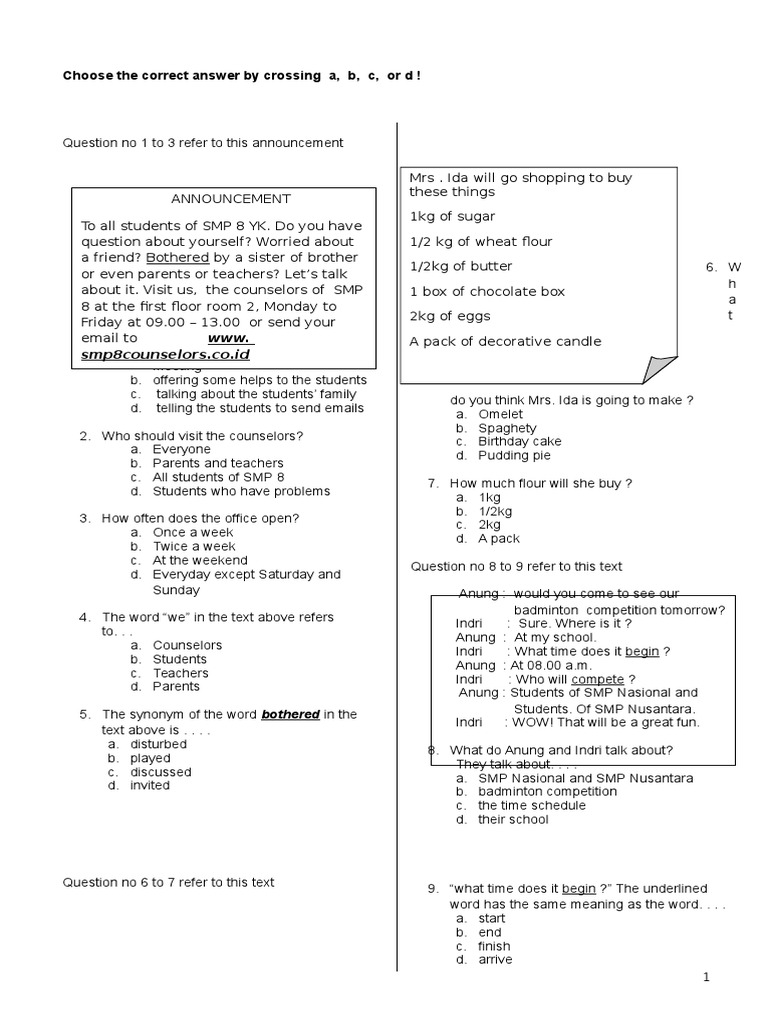 Choose The Correct Answer by Crossing A, B, C, or D !: Smp8counselors ...