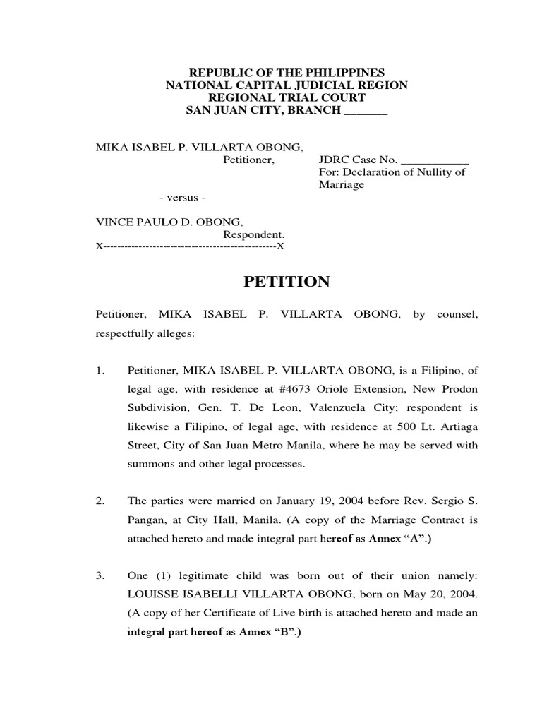 Sample Petition for Declaration of Nullity of Marriage | Personality ...