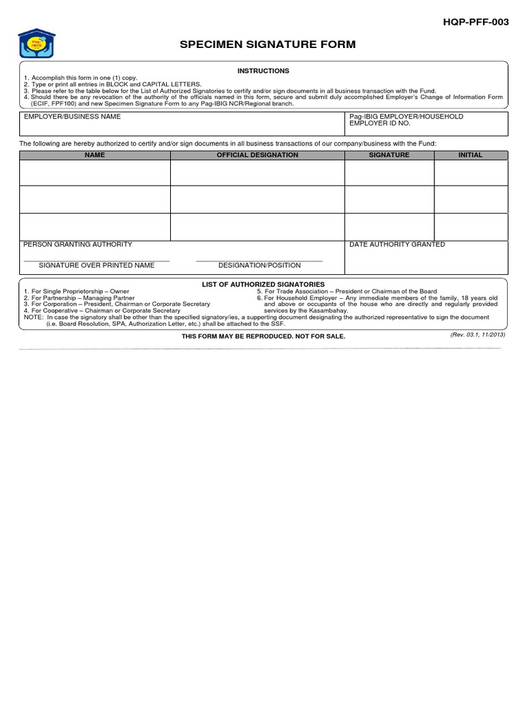 Specimen Signature Fom (SSF, HQP-PFF-003, V04.1) | PDF
