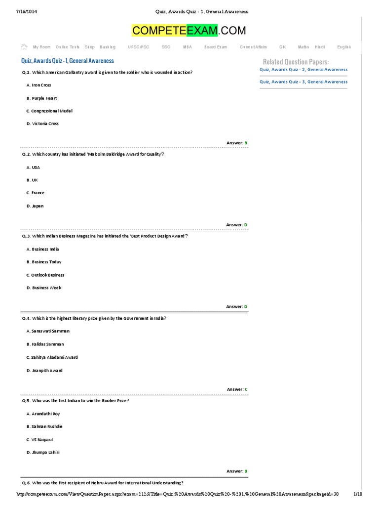 Quiz, Awards Quiz - 2, General Awareness | PDF | Nobel Prize | Science