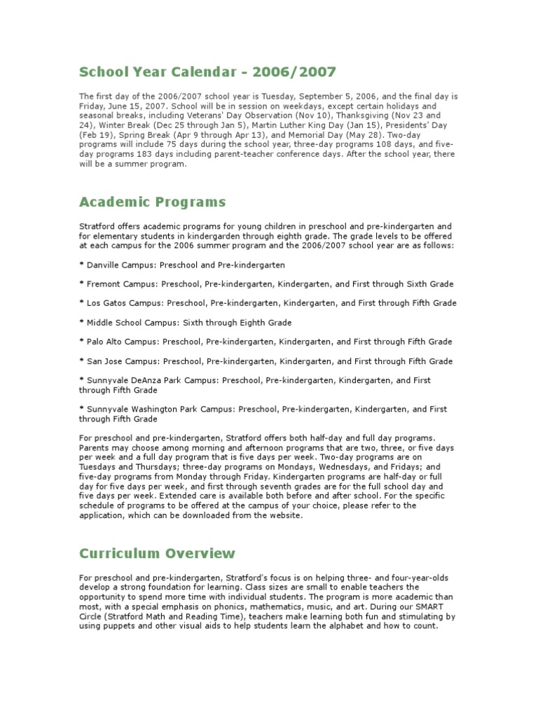 School Year Calendar - 2006/2007 | PDF | Students | Curriculum