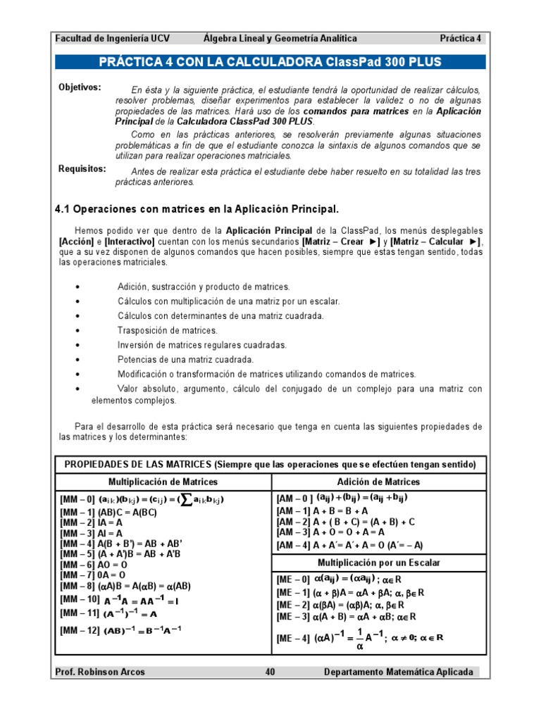 PR Ctica 4 Con La Calculadora Classpad 300 Plus | PDF | Determinante | Matriz (Matemáticas)