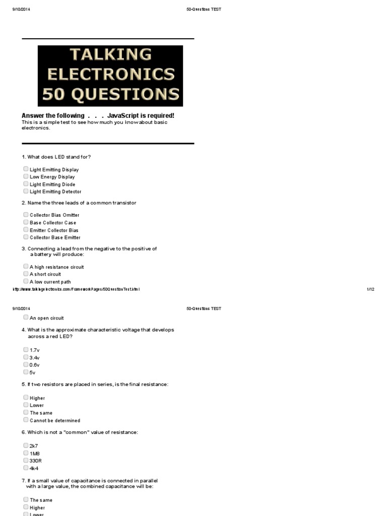 50 Questions TEST | PDF | Series And Parallel Circuits | Resistor