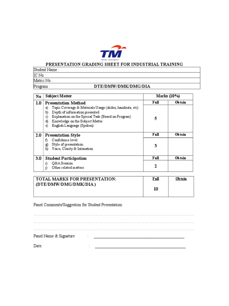 Industrial Training Presentation Grading Sheet | PDF | Career & Growth ...