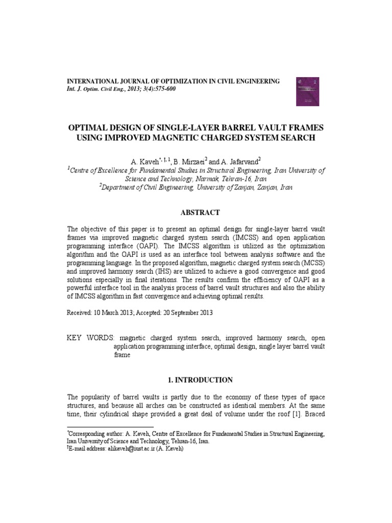 Optimal Design of Single-Layer Barrel Vault Frames Using Improved Magnetic Charged System Search ...