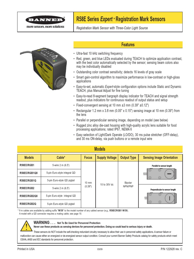 Tài liệu cảm biến bắt màu BANNER R58 Expert - R58ECRGB1 | Bipolar ...