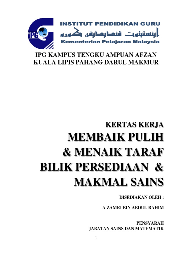 Kertas Kerja Baikpulih Makmal Ipgktaa | PDF