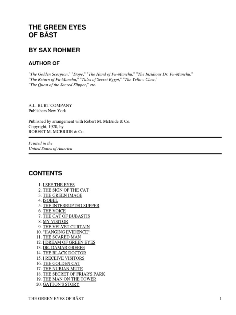 The Green Eyes of Bâst by Rohmer, Sax, 1883-1959 | PDF | Fu Manchu | Nature