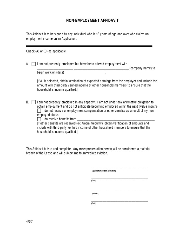Non-Employment Affidavit Template | PDF | Finance & Money Management