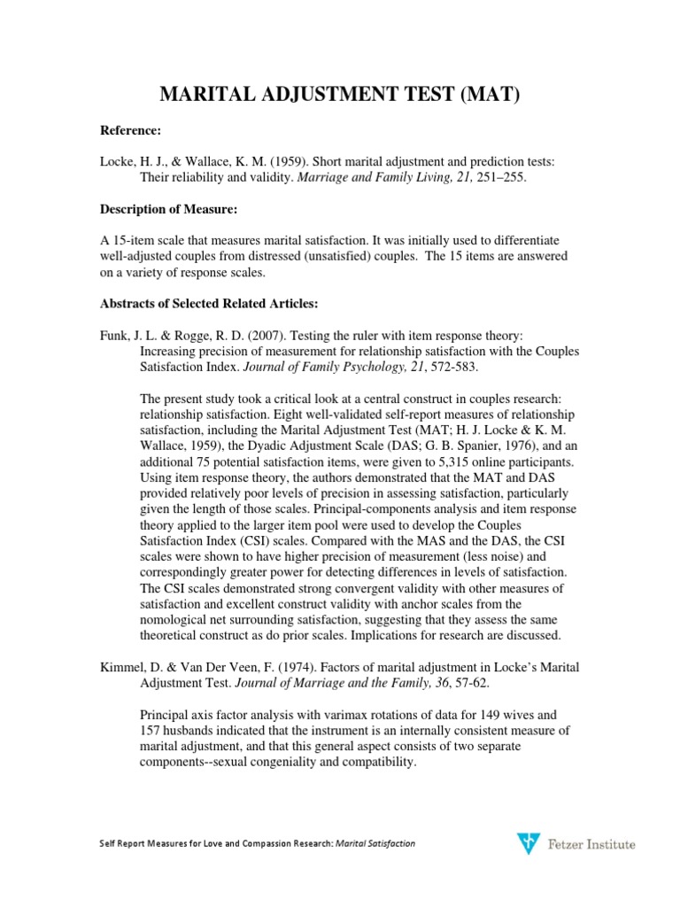 Self Measures For Marital Satisfaction MARITAL ADJUSTMENT TEST | PDF ...