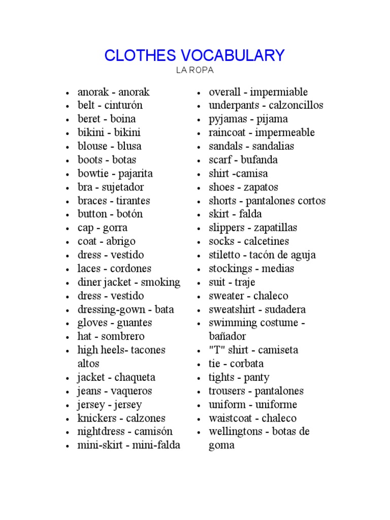Clothes Vocabulary | PDF