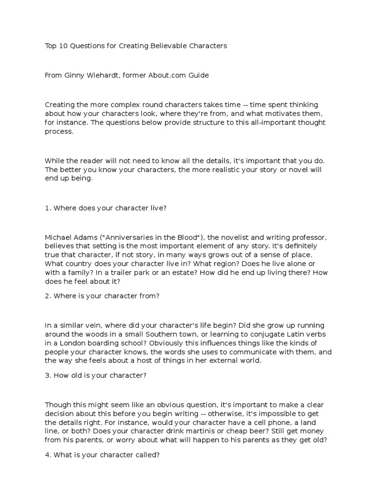 10 Key Questions for Character Development | PDF