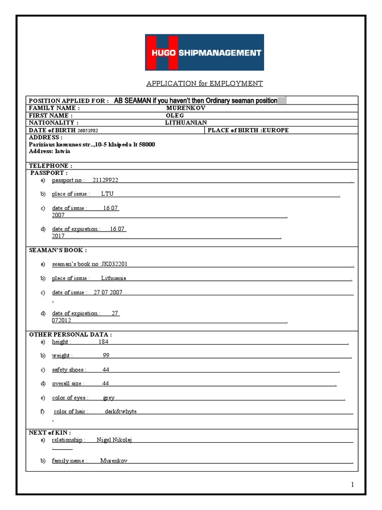 Seaman Job Application Form | PDF | Water Transport | Shipping