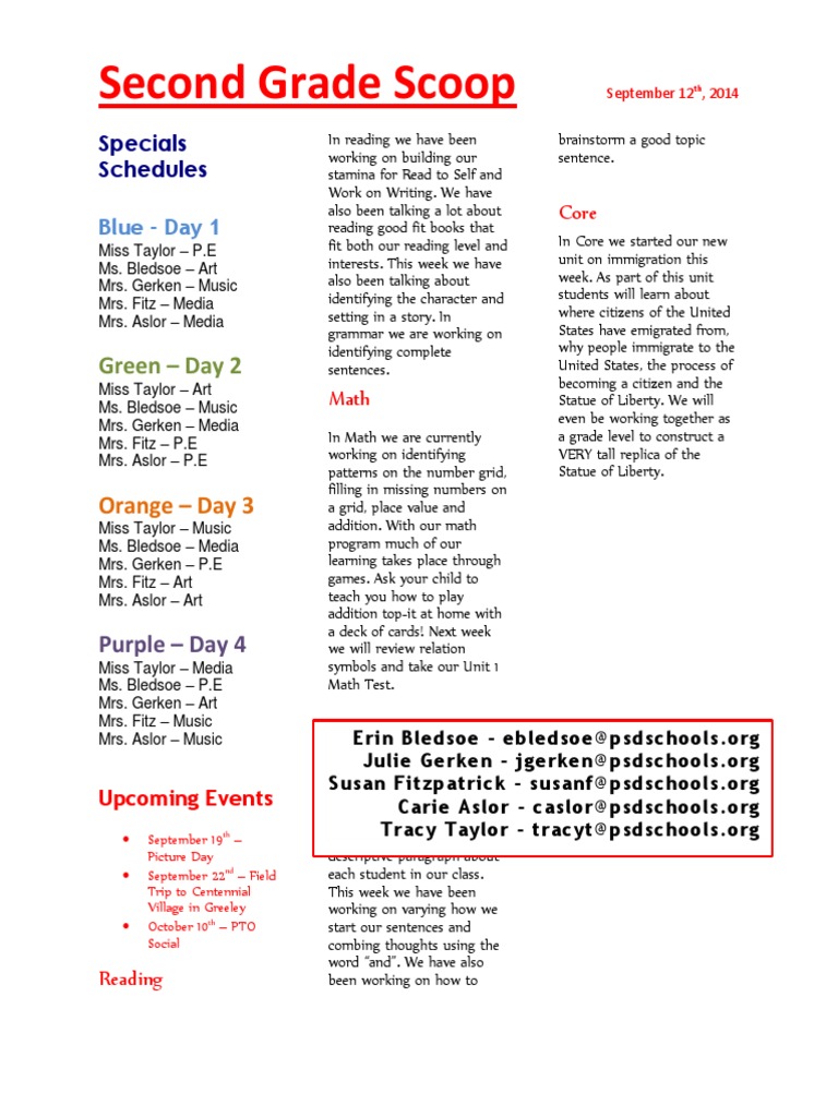 Second Grade Weekly Update: Events & Learning | PDF