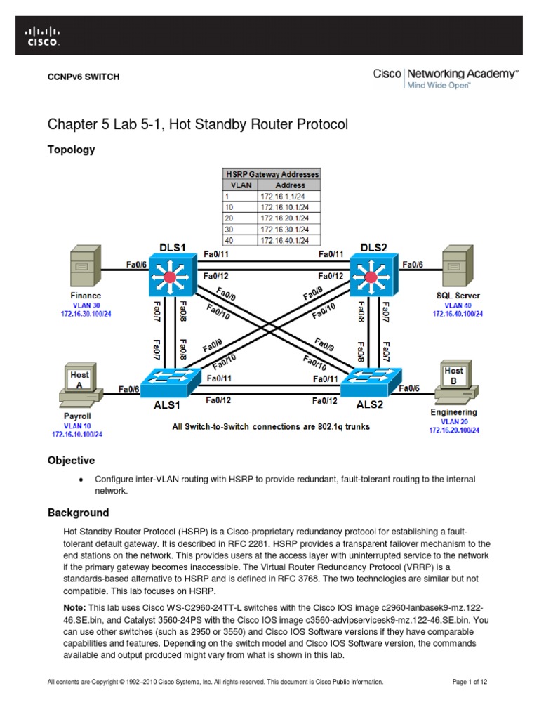 Ccnpv6 Switch Lab5-1 HSRP Student | PDF | Network Switch | Computer Network