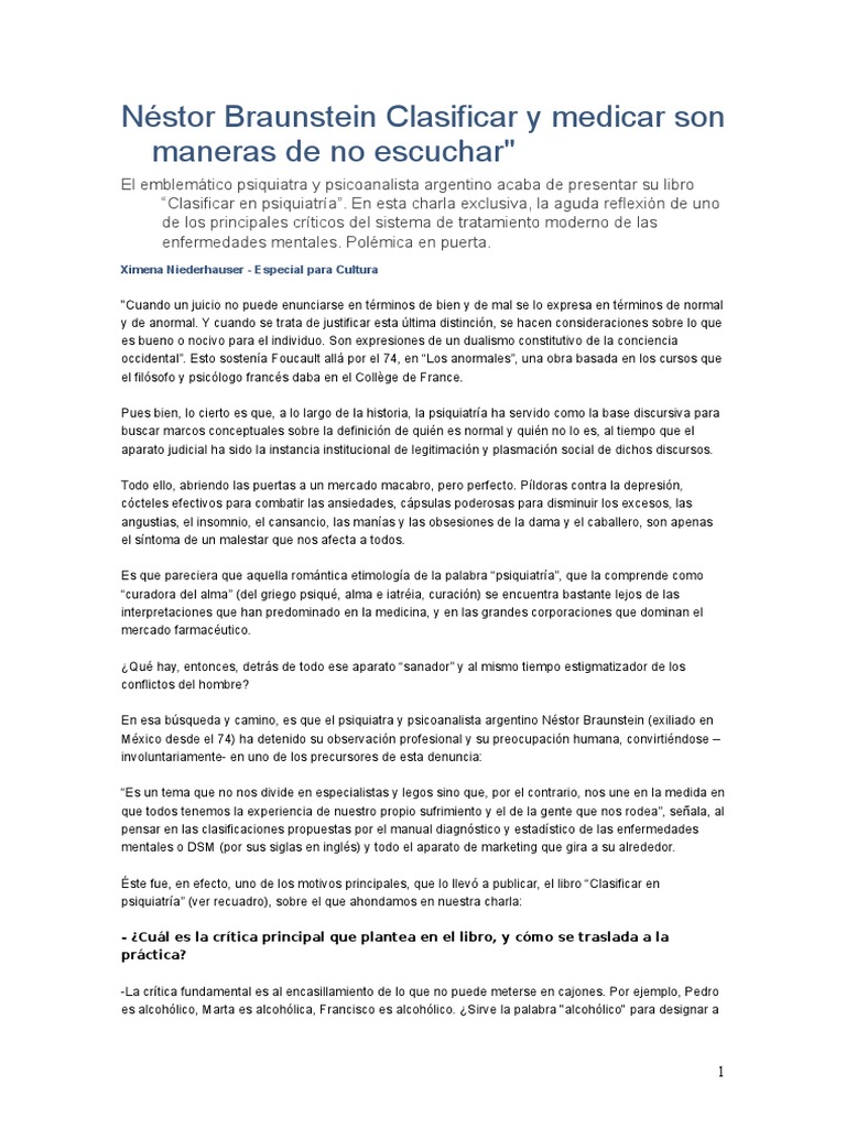 Néstor Braunstein Clasificar y Medicar Son Maneras de No Escuchar | PDF | Psiquiatría | Salud mental