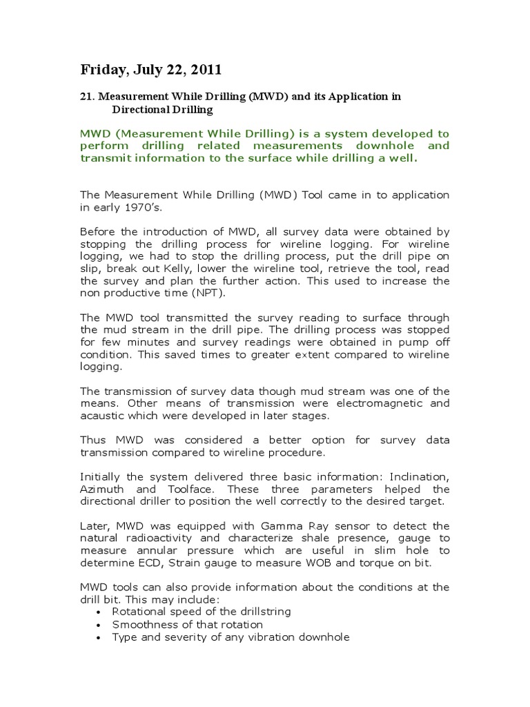 Measurement While Drilling (MWD) and Its Application in Directional ...