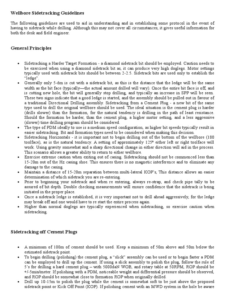 Wellbore Sidetracking Guidelines | PDF | Casing (Borehole) | Drilling Rig